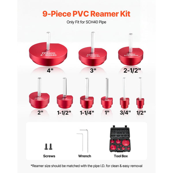 Vevor PVC Pipe Reamer Kit 9-Piece Socket Saver for 1/2" to 4" Pipes Ne ...