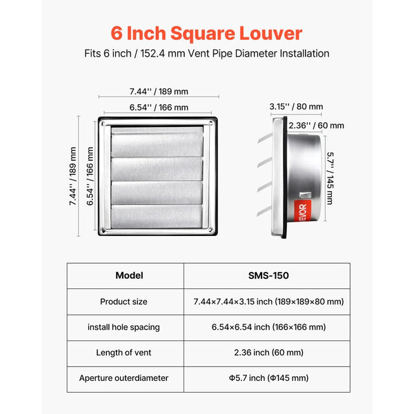 Vevor Vent Cover 6" Louvered Square Stainless Steel Wall Vent New ...
