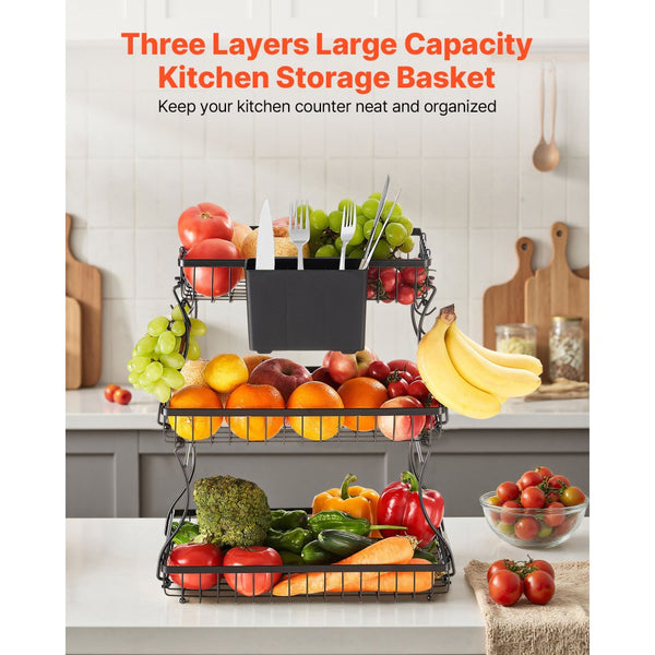 Vevor Fruit Basket 3-Tier Countertop Storage Stand with Banana Hangers ...