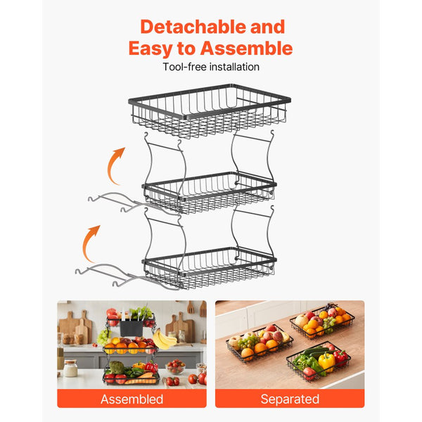 Vevor Fruit Basket 3-Tier Countertop Storage Stand with Banana Hangers ...