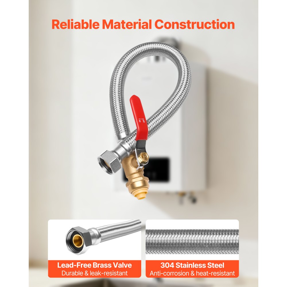 Vevor Water Heater Connector Kit Push-Fit Valve Flexible Supply Line 1 ...