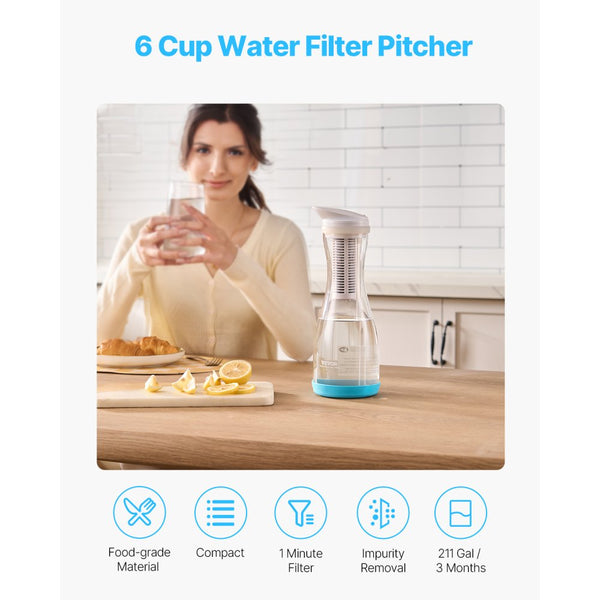Vevor Water Filter Pitcher 6-Cup Glass Water Filtration System New ...