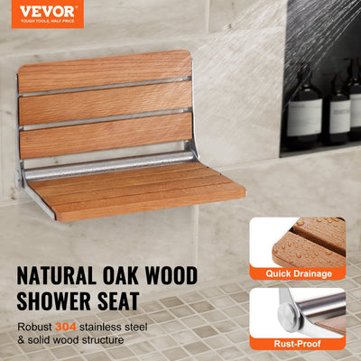 Vevor Shower Seat Folding Oak Wall-Mounted Fold-Up Bench 16.1" x 13.4 ...