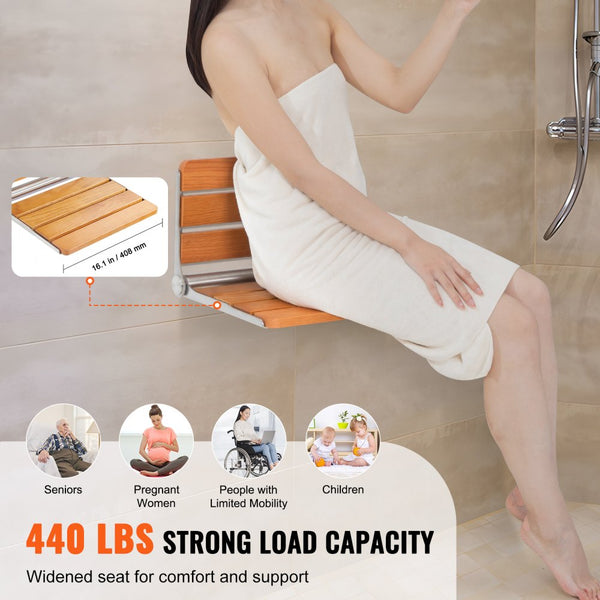 Vevor Shower Seat Folding Oak Wall-Mounted Fold-Up Bench 16.1" x 13.4 ...