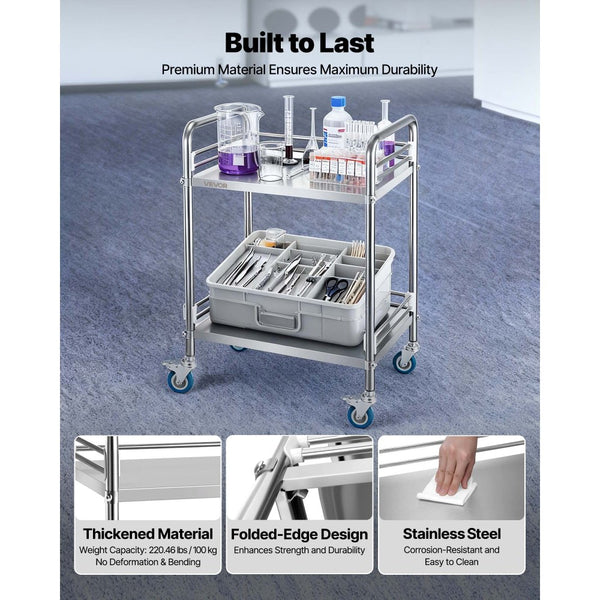 Vevor Lab Cart 2-Tier Stainless Steel Rolling Utility Cart with Lockab ...