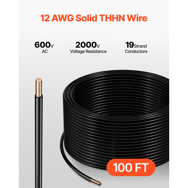 Vevor THHN Wire 12 AWG Solid Black Copper Building Wire 100' New ...