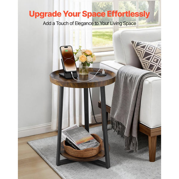 Vevor End Table 2-Tier Round Side Table with USB & AC Charging Port Br ...
