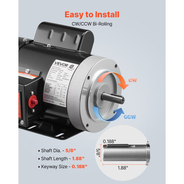 Vevor Electric Motor 0.5 HP 1725 RPM Air Compressor Single-Phase TEFC ...