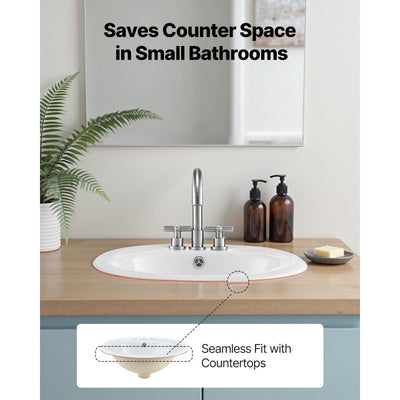 Vevor Bathroom Sink Semi-Recessed Oval White Ceramic Vessel 19.09" x 1 ...