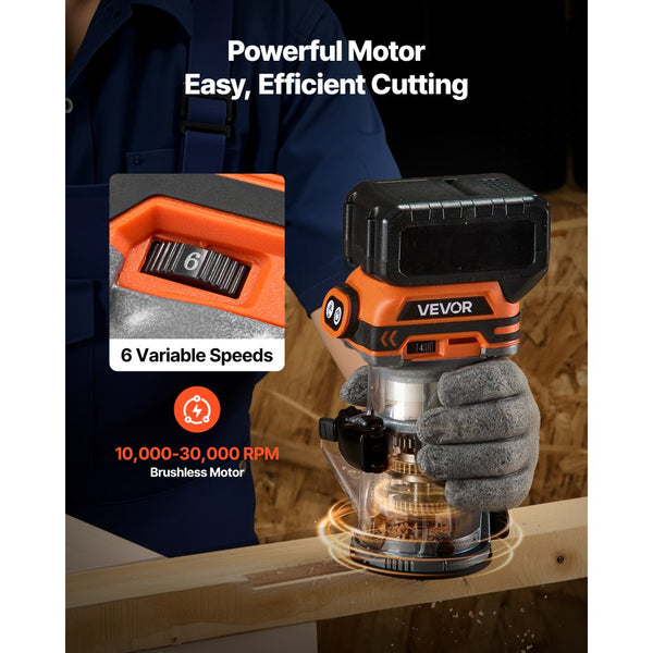 Vevor Wood Router Cordless 18V Brushless Variable Speed Palm Router wi ...
