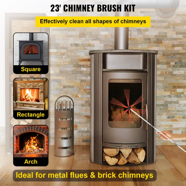 Vevor Chimney Sweep Kit 23' Rotary Fireplace Flue Cleaning Brush New ...
