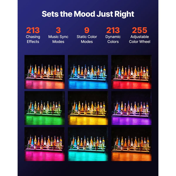 Vevor Liquor Bottle Display LED Lighted 3-Tier 48" Acrylic Bar Shelf f ...