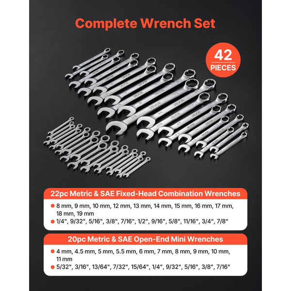 Vevor Combination Wrench Set 42-Piece SAE and Metric 12-Point Box End ...