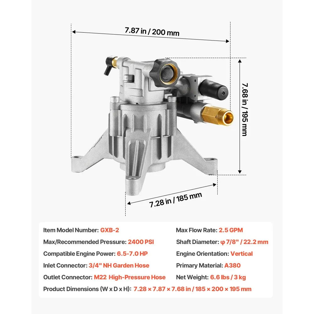 Vevor Pressure Washer Pump 2400 PSI 2.5 GPM 7/8" Shaft Vertical Replac ...