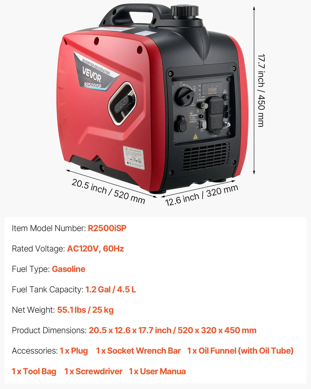 Vevor Inverter Generator 2300W/3000W Gas Powered CO Sensor 120V New ...