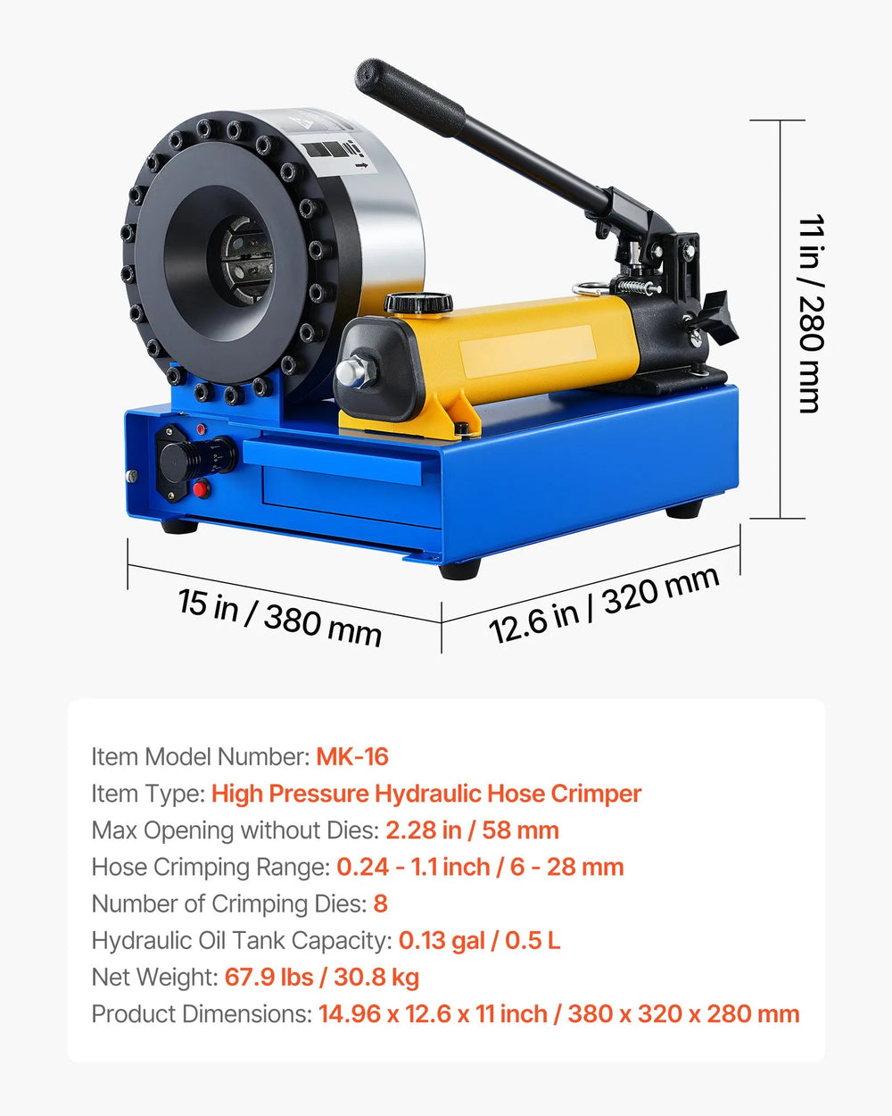 Vevor Hydraulic Hose Crimper Manual with 8 Dies .24" - 1.1" New ...