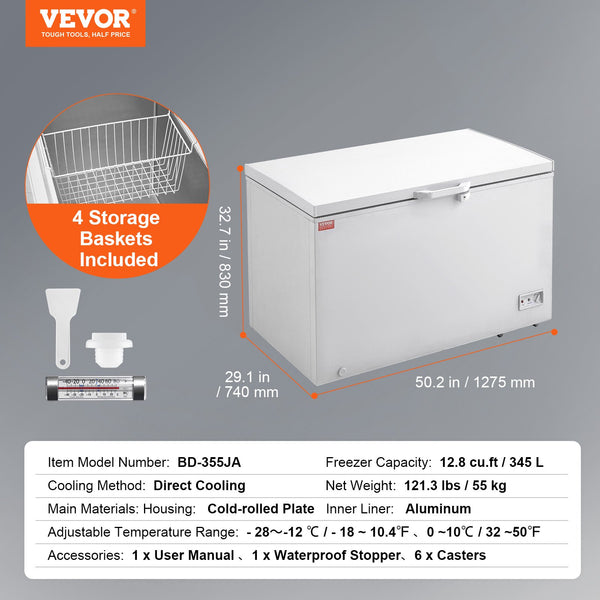 Vevor Chest Freezer 12.8 Cu. Ft. 345L Deep Freezer with Adjustable The ...