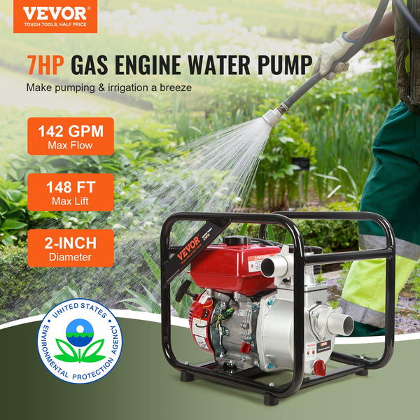 Vevor Gasoline Engine Water Pump with 25FT Hose 7HP 142 GPM New ...