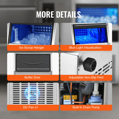 Vevor Commercial Ice Maker 132 lbs/24H with 39 lbs Storage and LED Pan ...