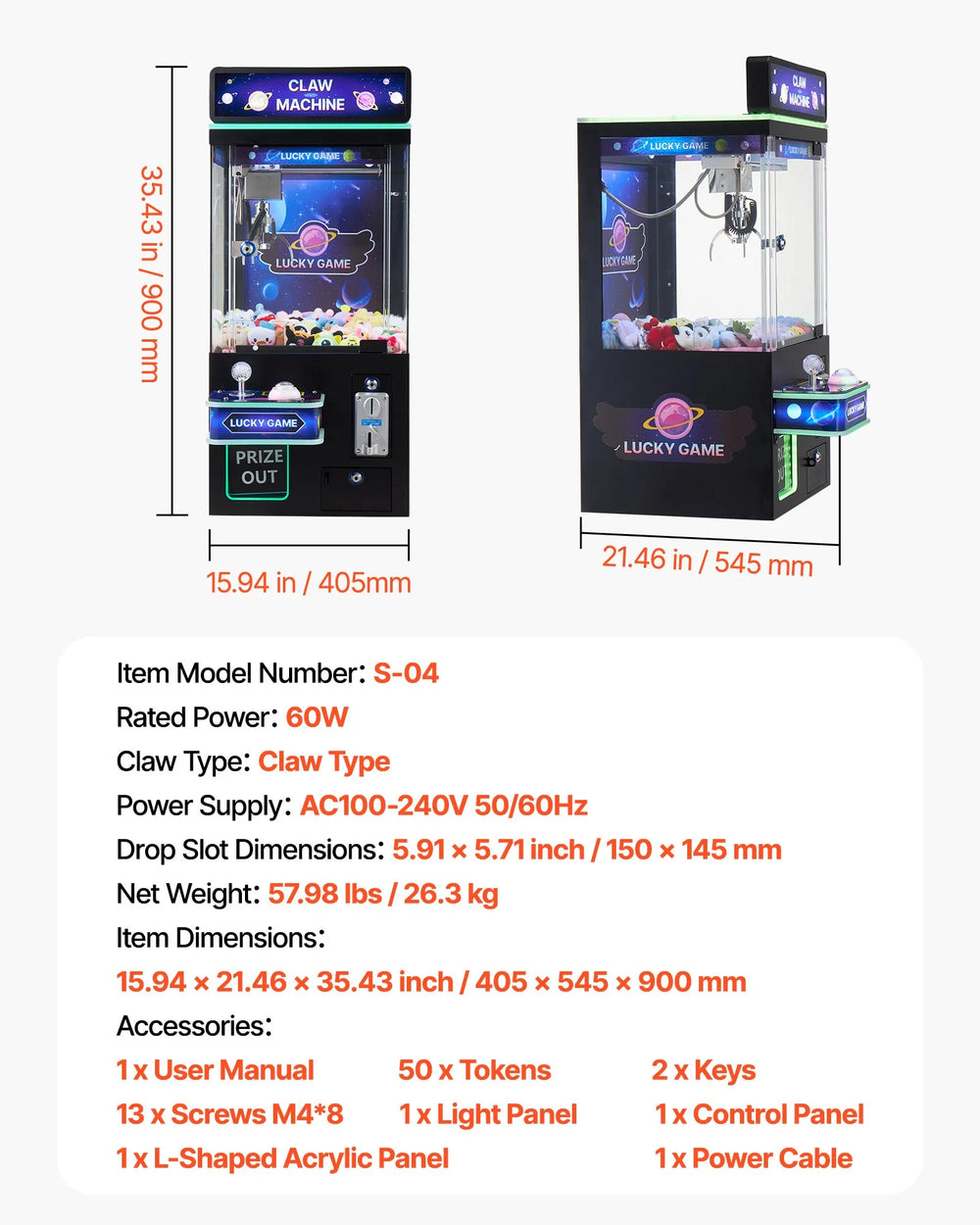 Vevor Claw Crane Machine with Adjustable Grip 1.57"-3.15" 60W New ...