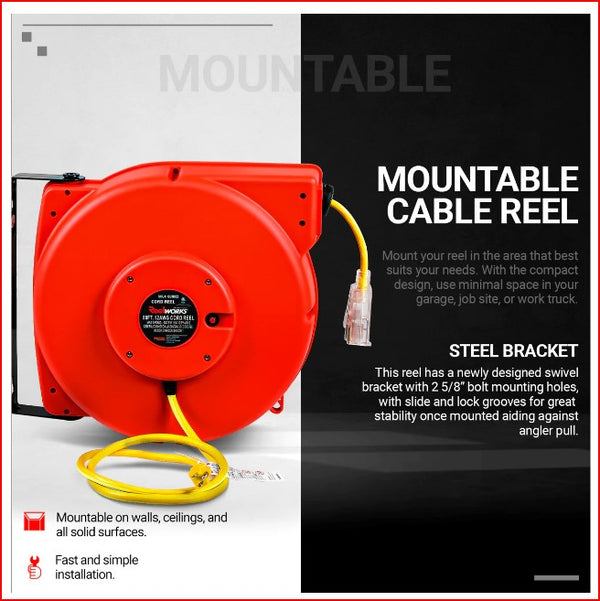 ReelWorks GUR022 Mountable Retractable Extension Cord Reel 12AWG x 80 ...
