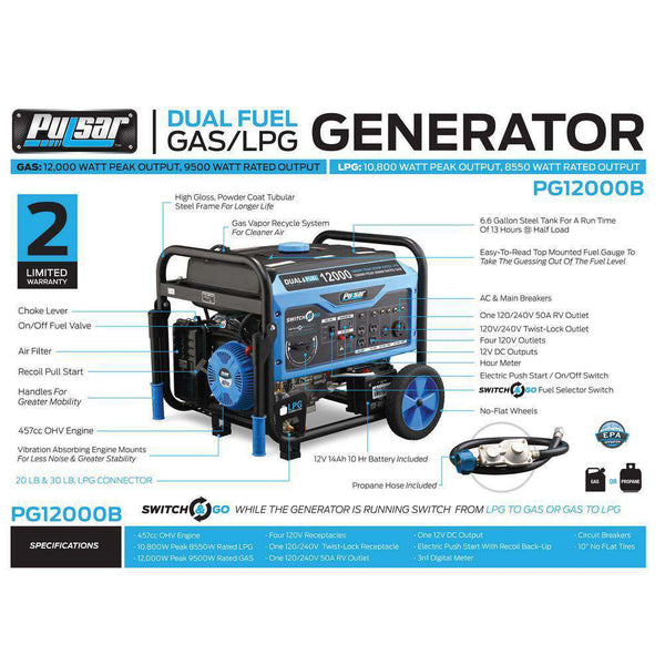 Pulsar Products PG12000B 12000W/9500W Dual Fuel Electric Start Portabl ...