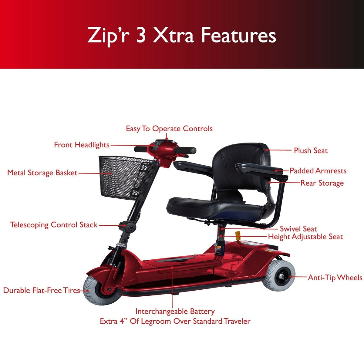 Zip'r 3 XTRA Traveler Mobility Scooter Red New – FactoryPure